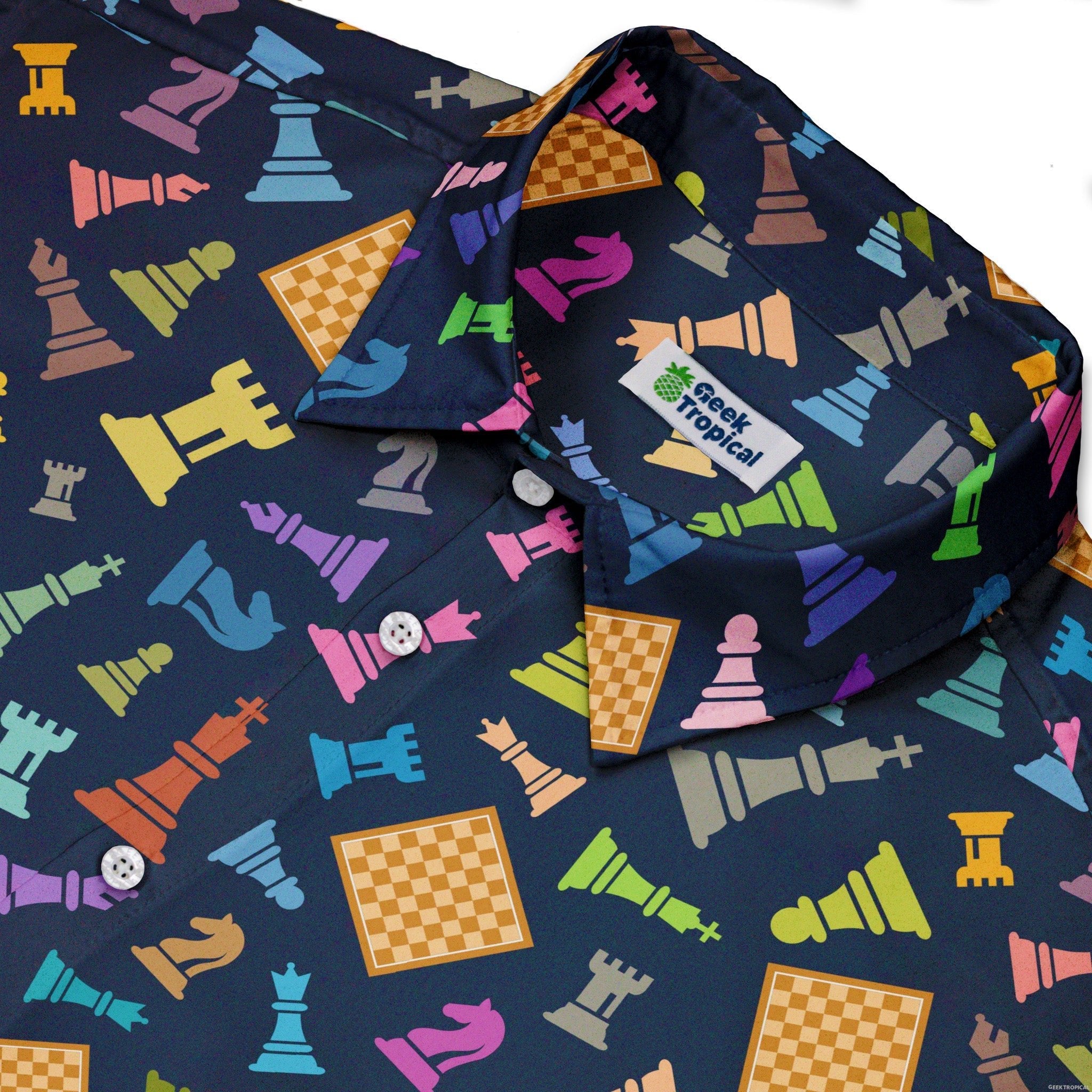 Chess Colorful Pieces Board Blue Button Up Shirt | Geek Tropical