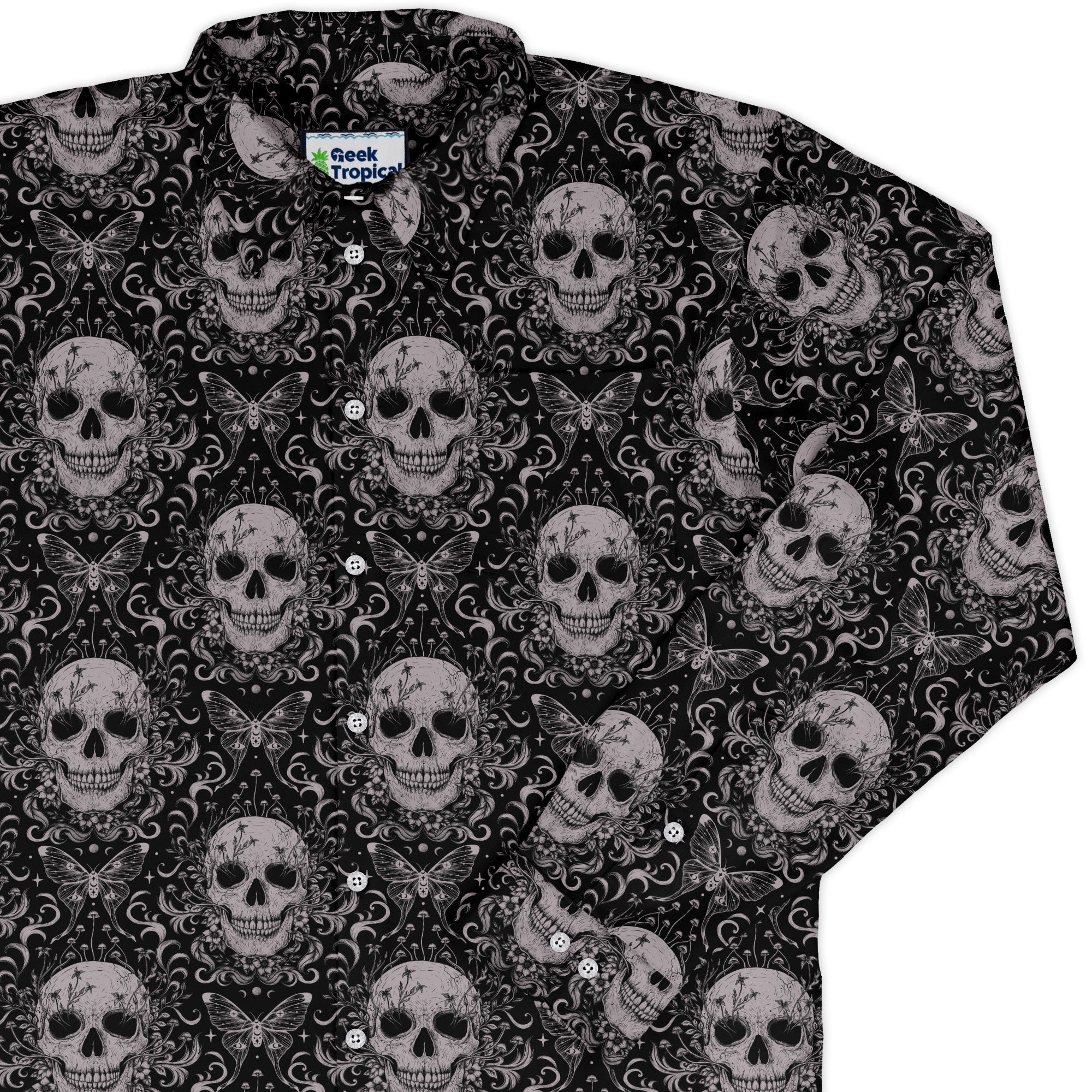 Episodic Skull Black White Long Sleeve Button Up Shirt | Geek Tropical