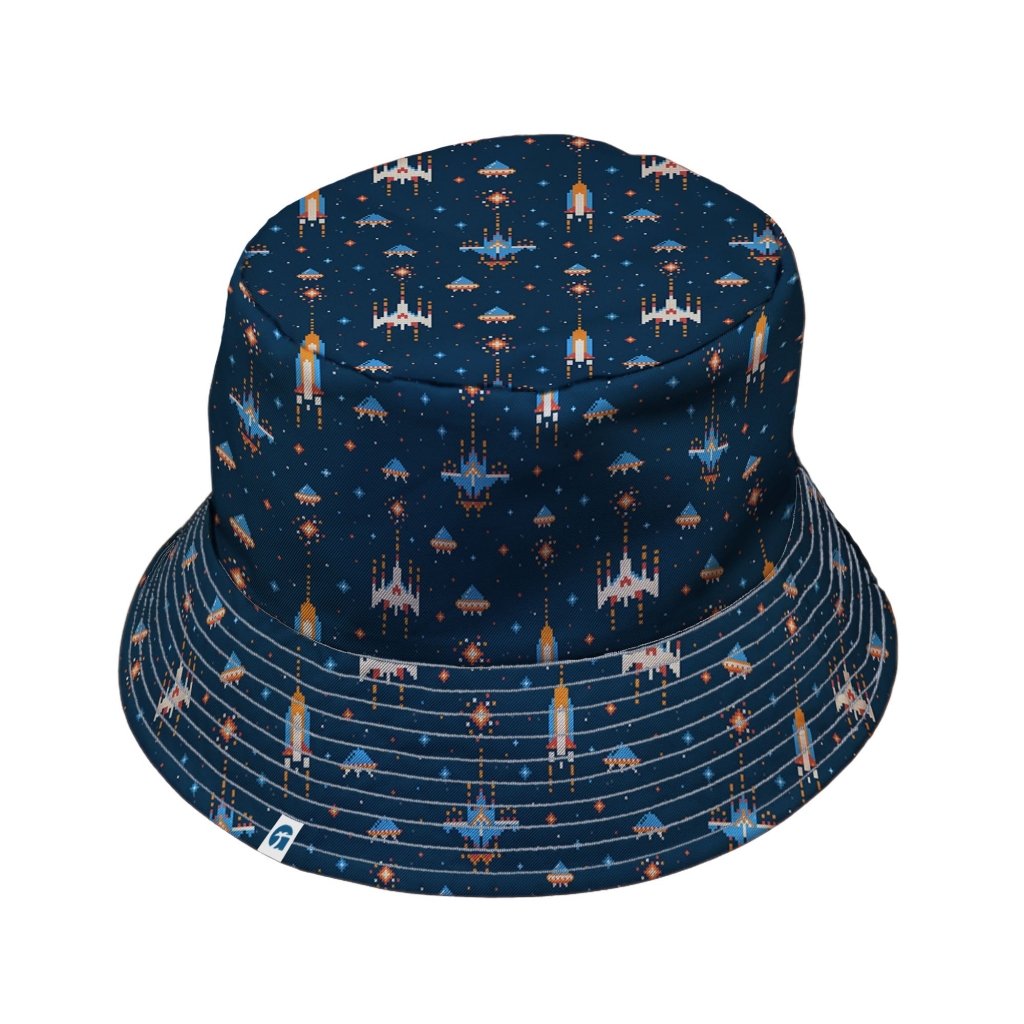 Space Retro Arcade Video Game Blue Gray Bucket Hat | Geek Tropical